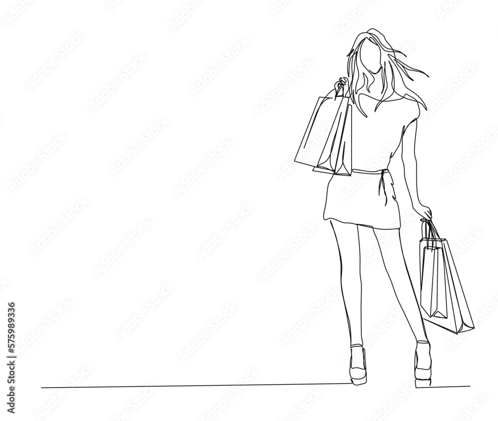 Vector de Stock Continuous one line drawing of pretty woman and holding paper bags after ...