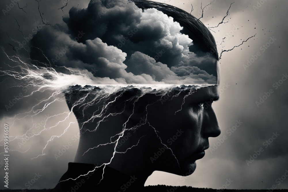Negative thinking concept with head in storm clouds and lighting ...