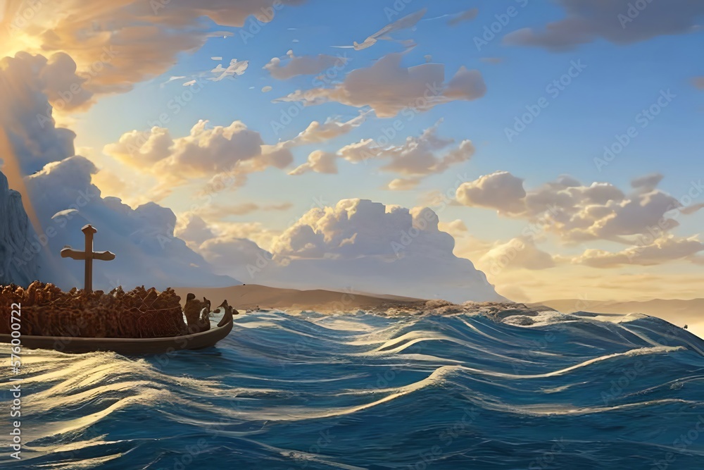 Biblical scene: Moses and his followers on the shore of the Red Sea ...