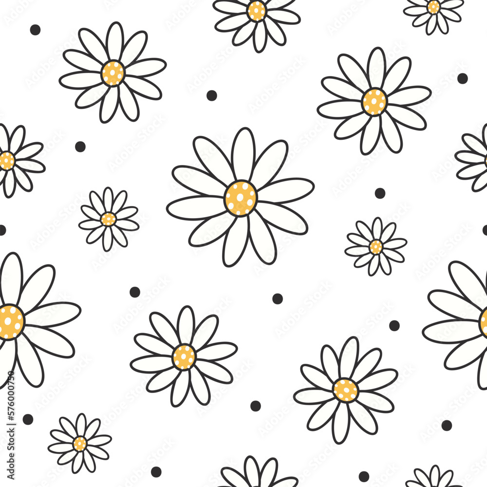 Cute Daisy flowers seamless pattern isolated on white background. Ditsy ...