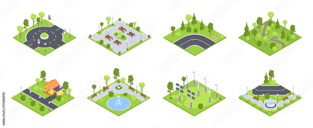 Urban landscape 3d tiles. Isometric street road, city park environment ...
