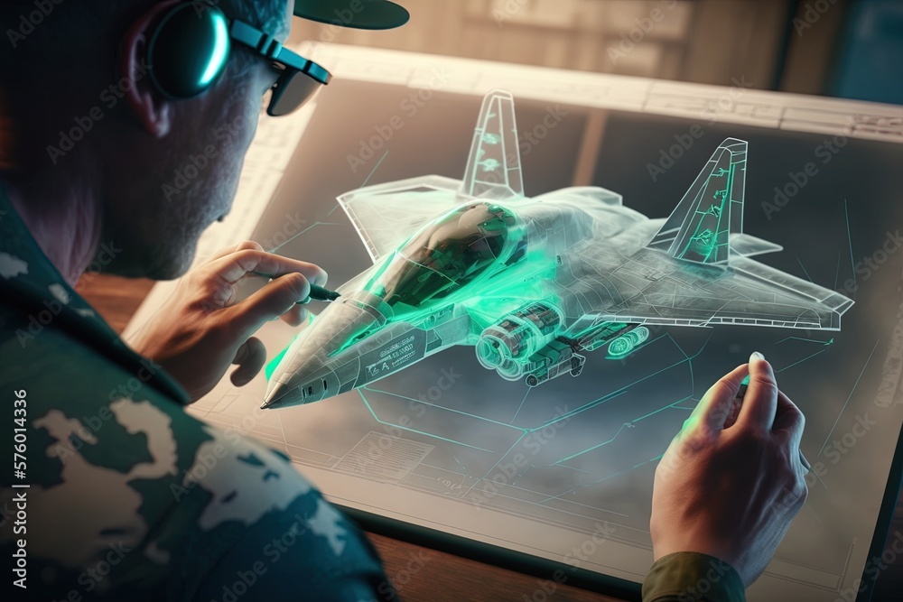 An engineer designing an electric aircraft using augmented reality and ...