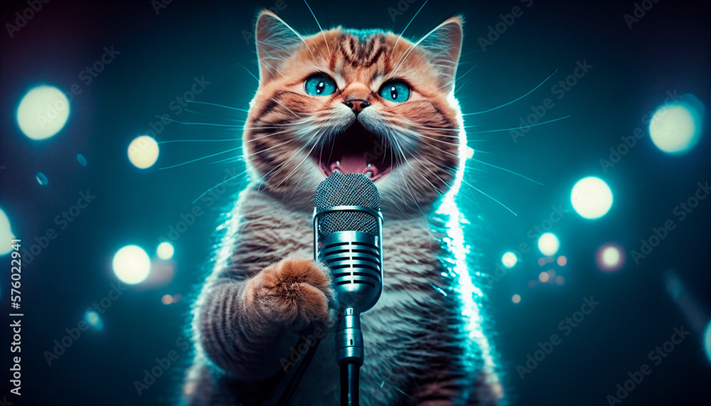 Cute cat singing in microphone on empty glowing stage. Generative AI の ...