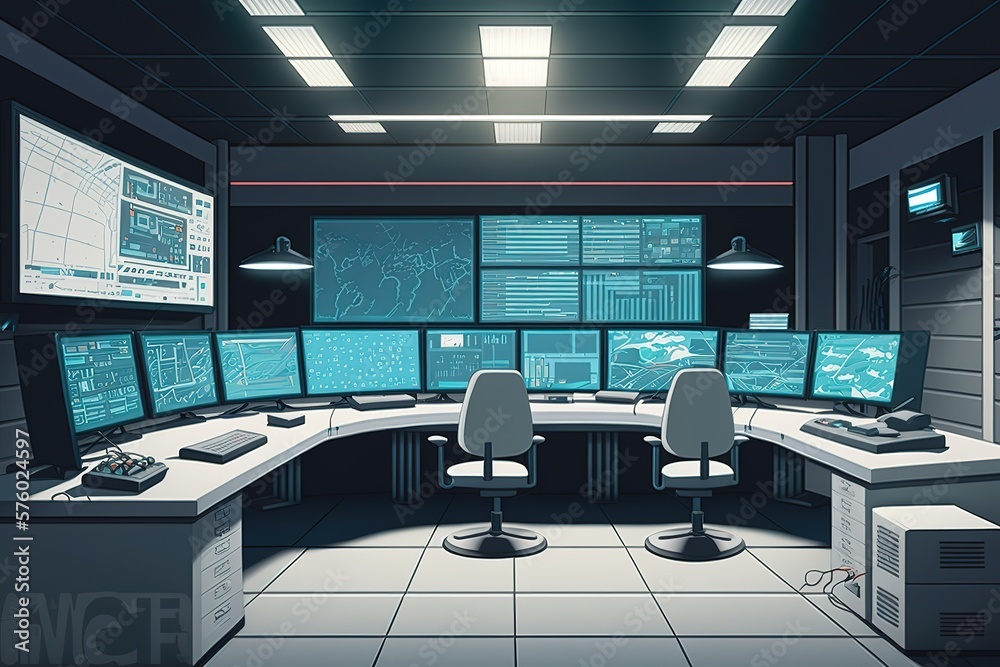 Empty interior of big modern security system control room, workstation ...