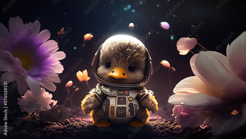 A Cute Baby Duck Astronaut In Space With Floral And Space Background