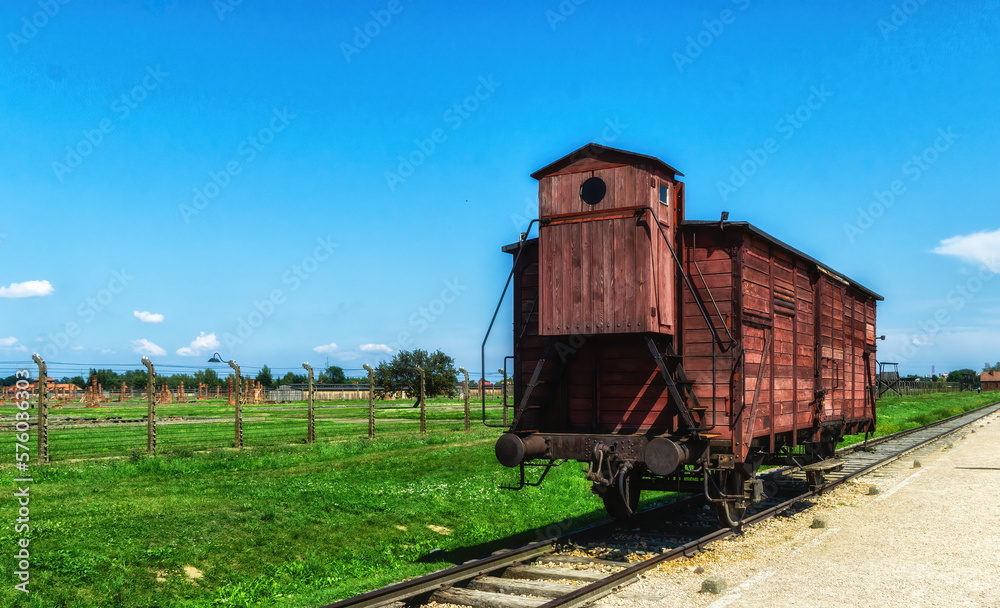 Abandoned train wagon in the rail entrance to concentration camp at ...