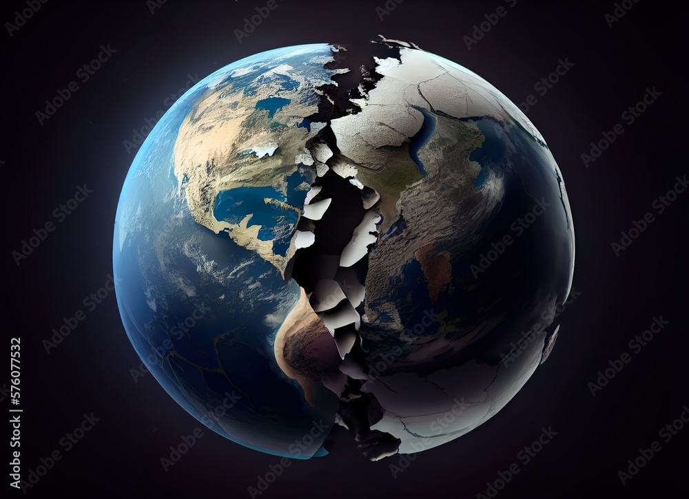 Deglobalization, world crisis concept. Earth planet cut, cracked intoo ...