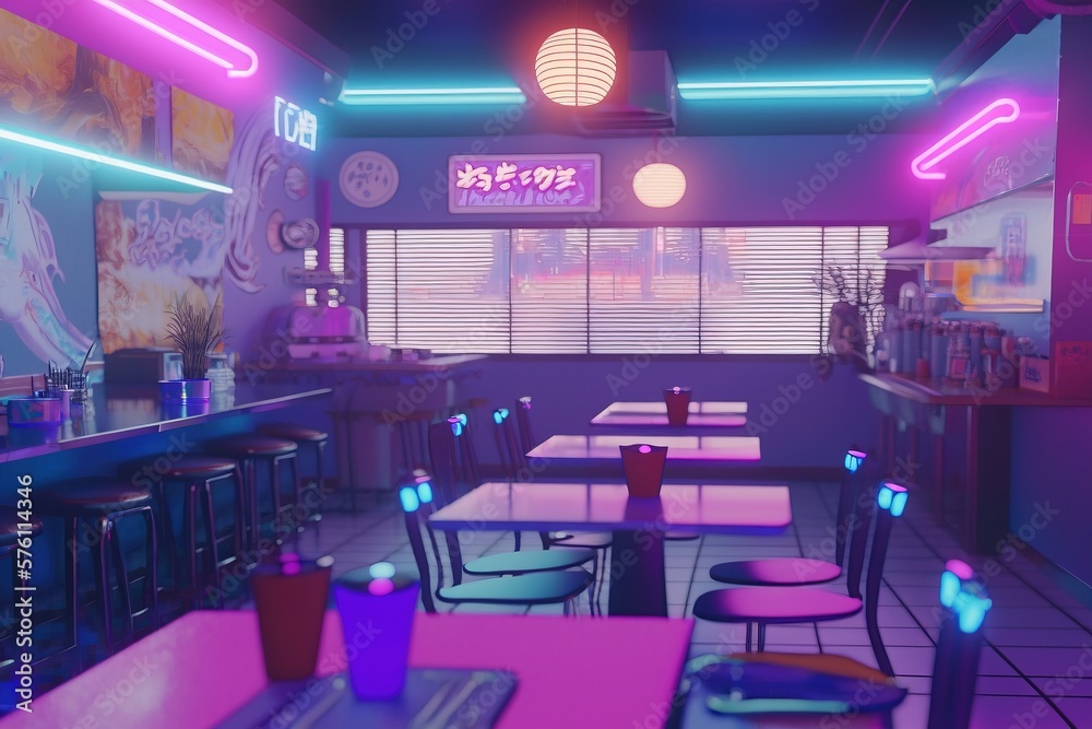 Japanese Restaurant rame shop interior lo-fi retro 80s and 90s background. Psychic Wave izakaya ...