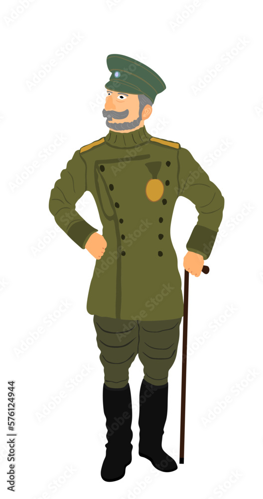 Vetor Vintage WW1 army officer in uniform vector illustration. General ...