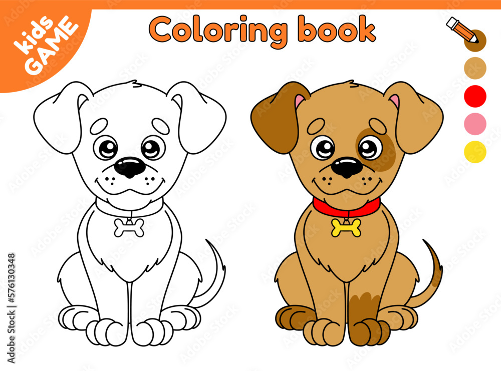 Dog outline and colorful dog. Page of coloring book. Kids game Color ...