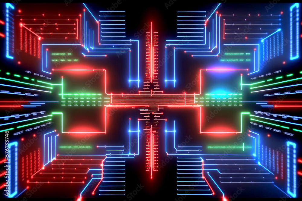 Abstract glowing mainboard with circuit pattern and red, green and blue ...