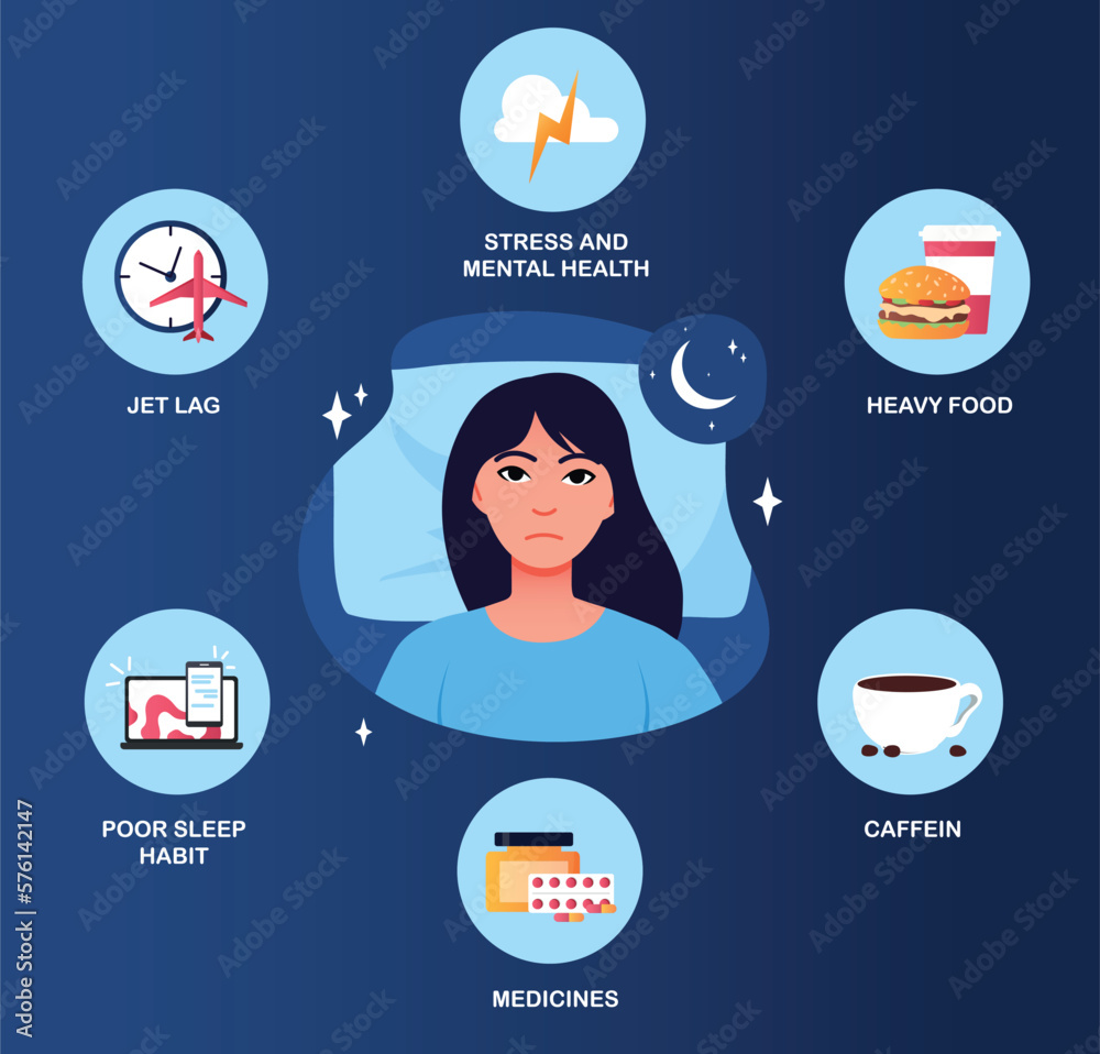 Insomnia causes set. Young girl lies on pillow at night with her eyes ...