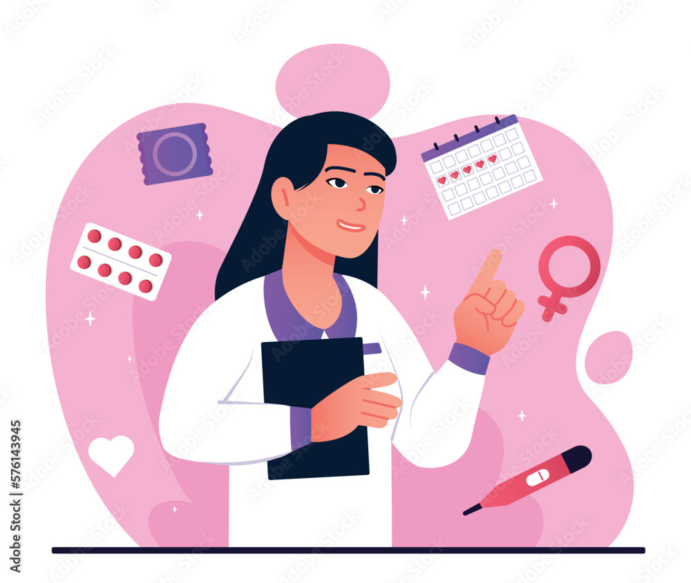 Sexual health concept. Female doctor evaluates drugs, pills and tablets ...