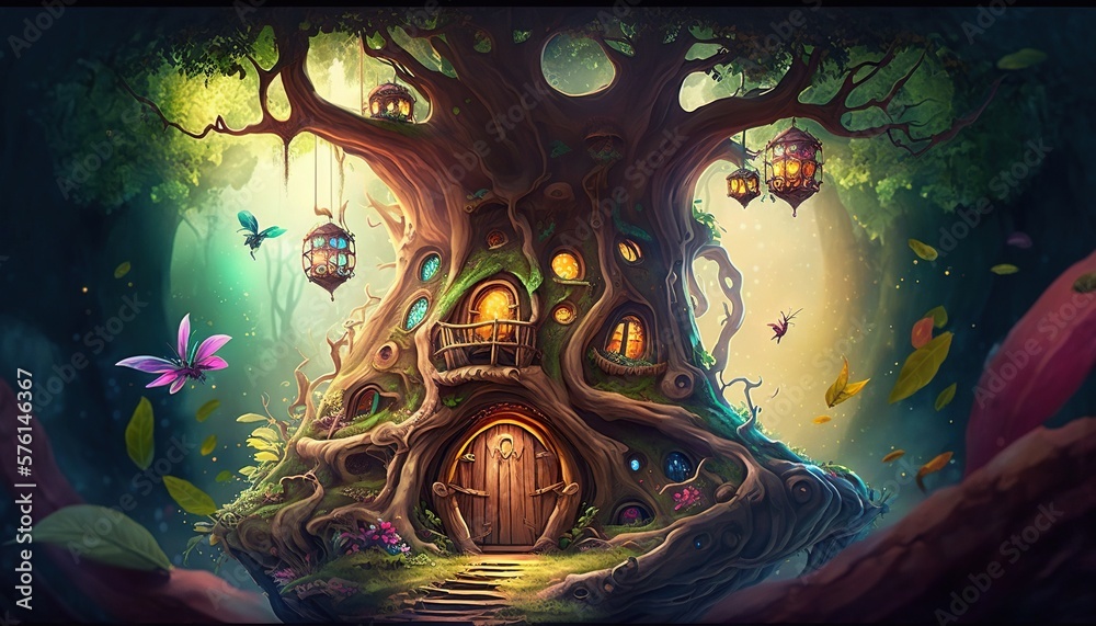 Magical tree house in an enchanted mystical forest with small houses built into trunk and root ...
