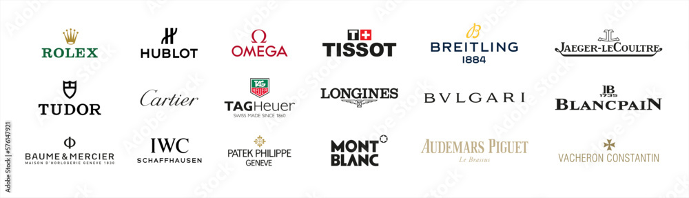 Luxury watches brand, black logo set : Rolex, Hublot, Omega, Breitling ...