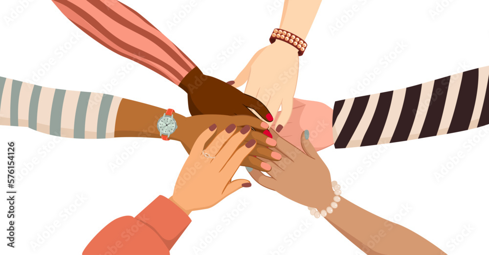 Vector illustration of female hands together. Woman Arms united ...