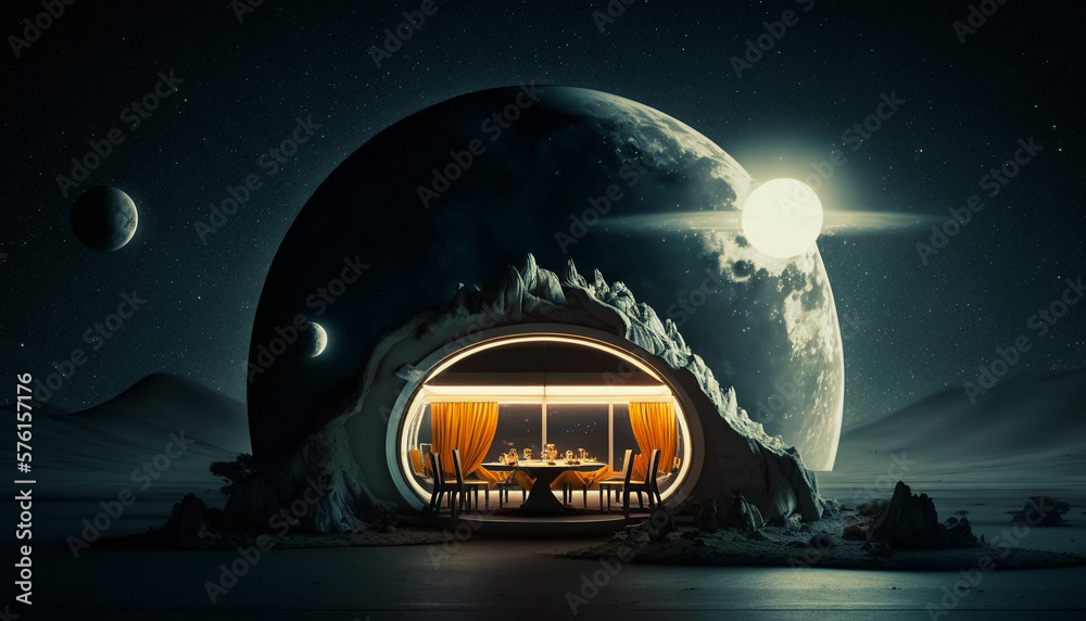 Fine dining restaurant on a planet or moon in outer space. generative ...