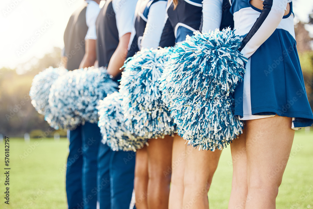 Cheerleader pom poms, backs and students in cheerleading uniform on a ...