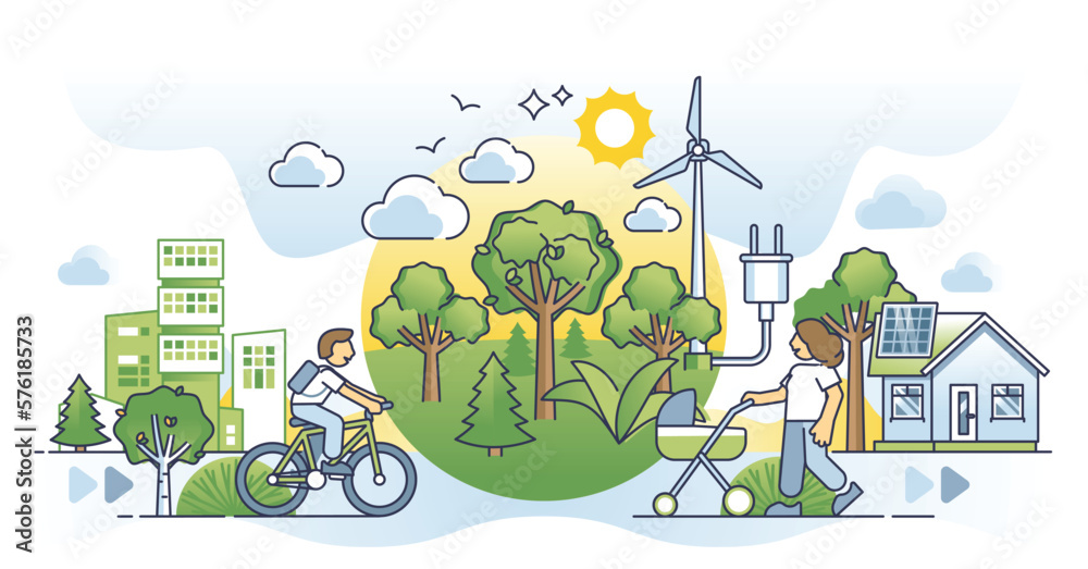 Clean energy community ecosystem with green lifestyle city outline concept. Society with ...