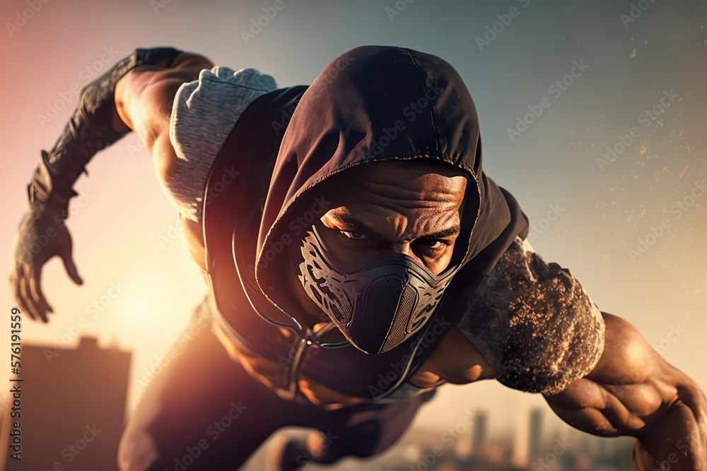 an illustration of a parkour player on a dynamic pause and wearing a ...