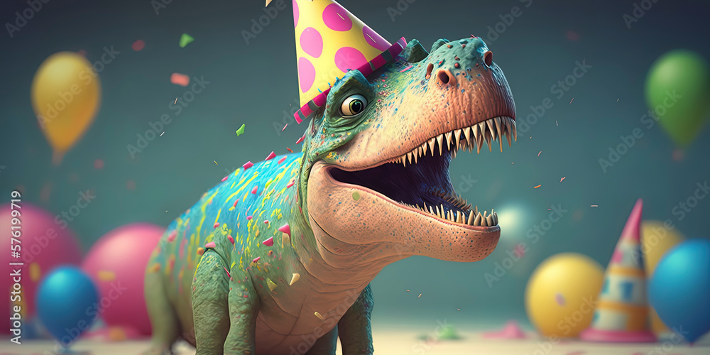 portrait of a T-rex at his birthday party with party hat and has a wild ...