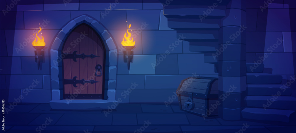Underground dungeon with wooden door, torch fire and treasure chest ...