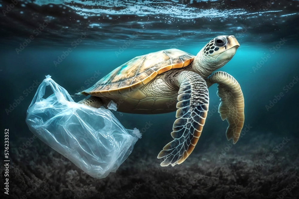 Turtle swims near a plastic bag. Plastic pollution in ocean, fighting ...