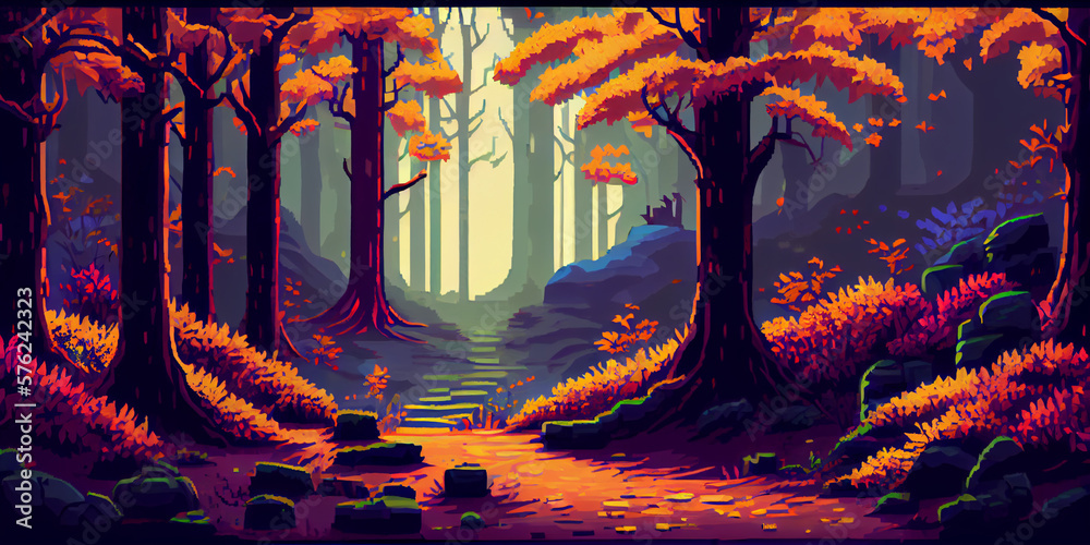 Autumn forest 2D old pc pixel style gaming level design background ...