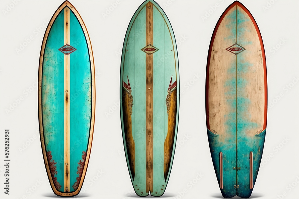 Collection of vintage wooden fishboard surfboard isolated on white with ...