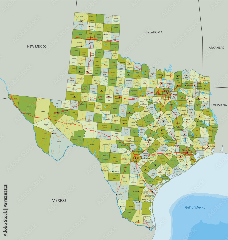 Highly detailed editable political map with separated layers. Texas ...