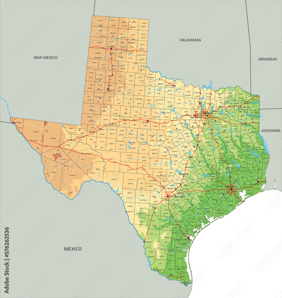 High detailed Texas physical map with labeling. Stock Vector | Adobe Stock