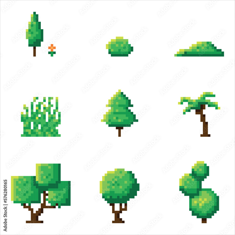 Praca wektorowa bez tantiem: trees and backyard bushes pixel art icon set. Forest elements logo ...