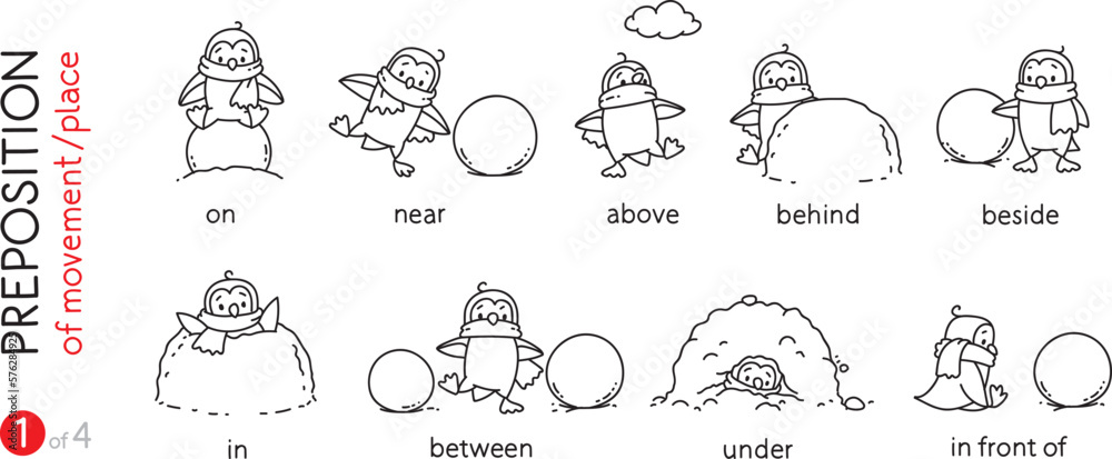 Preposition of place. Funny penguins cartoon set Stock Vector | Adobe Stock