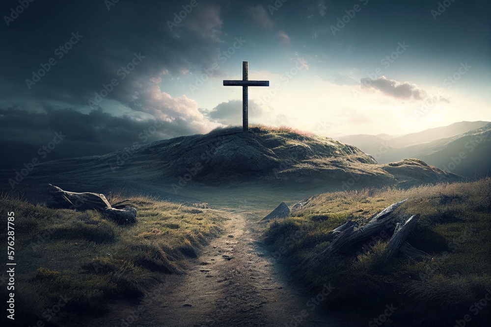 cross on the hill, the path leading to God, Happy easter. Christian ...