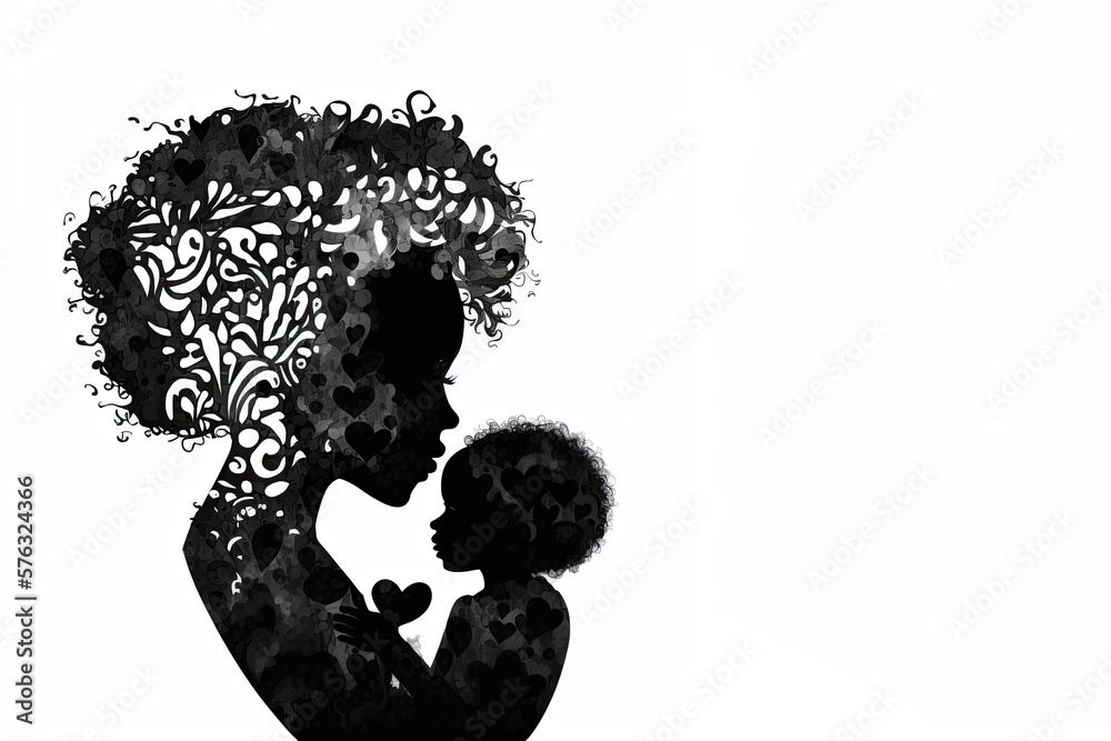 Black silhouette of a African woman with her baby isolated on white ...
