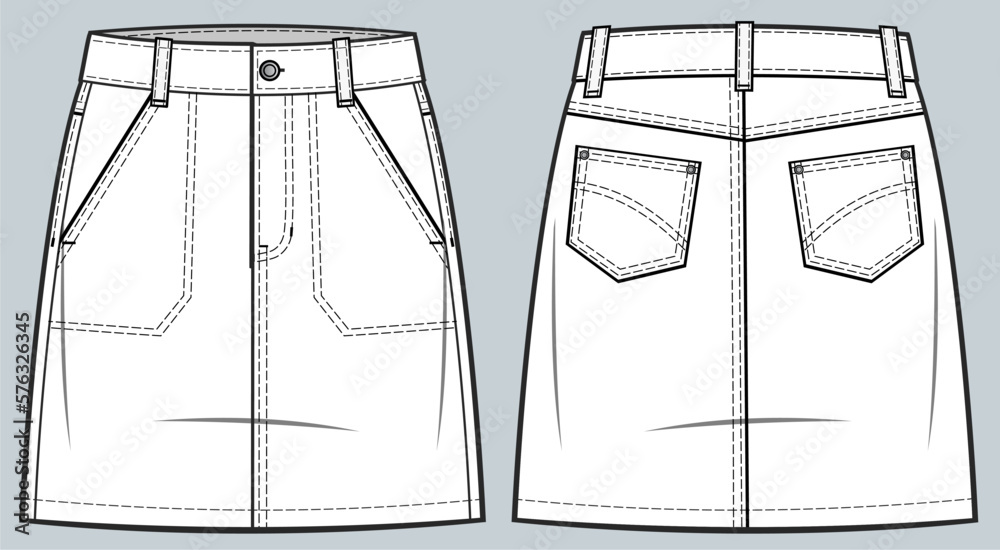 Denim skirt fashion technical drawing. template with pockets, Front zip ...