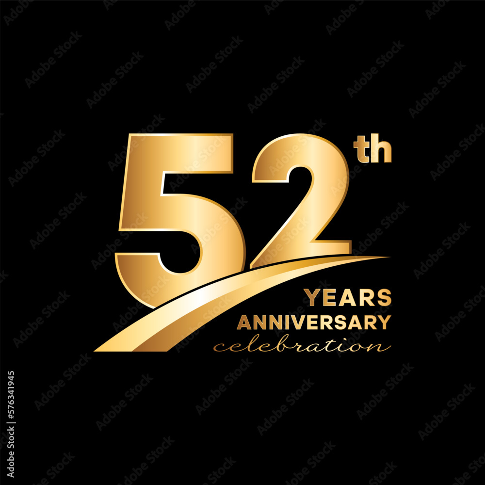 52th Anniversary design with golden number and text isolated on black ...
