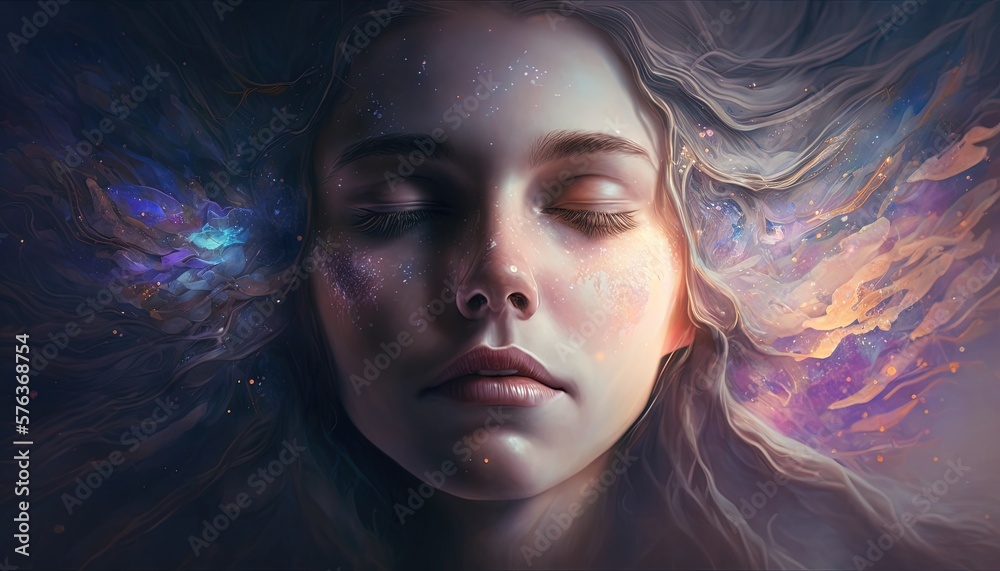 Lucid dreaming meditation woman close up floating in space galaxies ...
