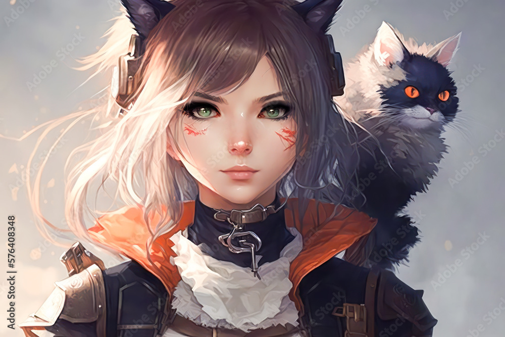 Anime girl with cat ears and her cat. White hair neko girl with her cat in anime outfit. Beautiful cartoon young cat woman Generative AI. Adobe Stock