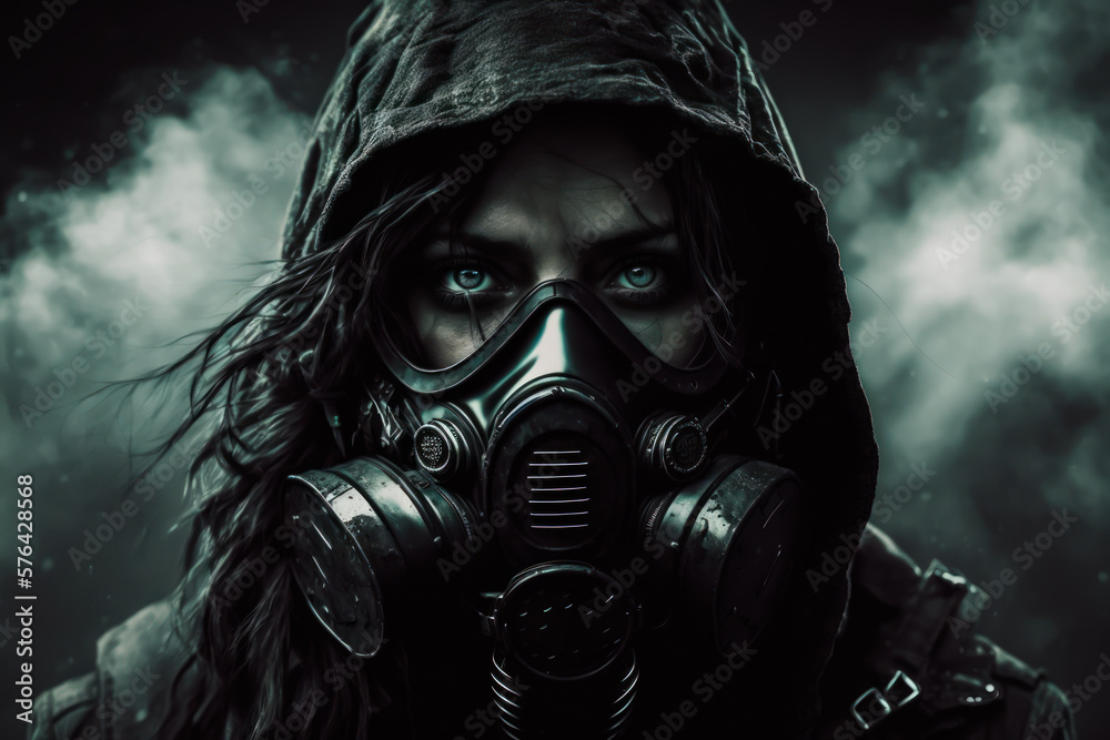 Young apocalypse survivalist woman in gas mask close up portrait on ...