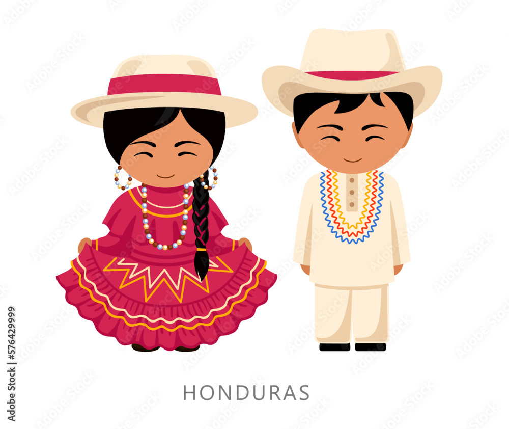 Woman and man in Honduras national costume. Hondurans couple, cartoon ...