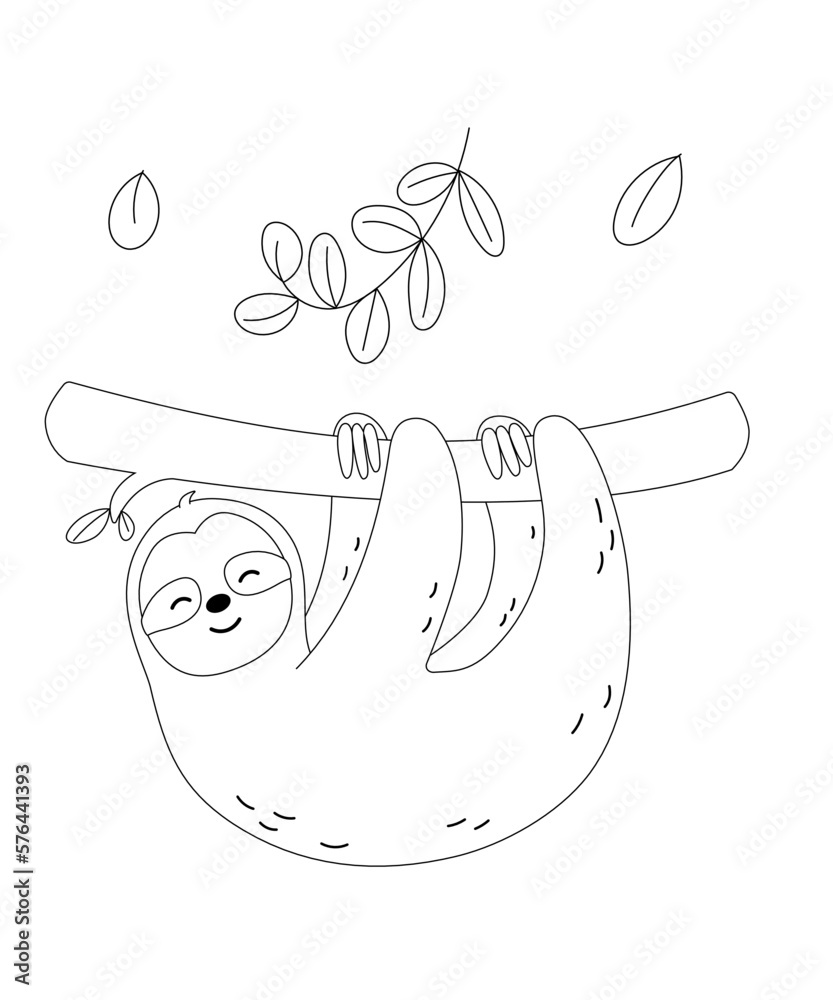 Outline drawing cute sloth hanging on the tree. Coloring page for kids ...