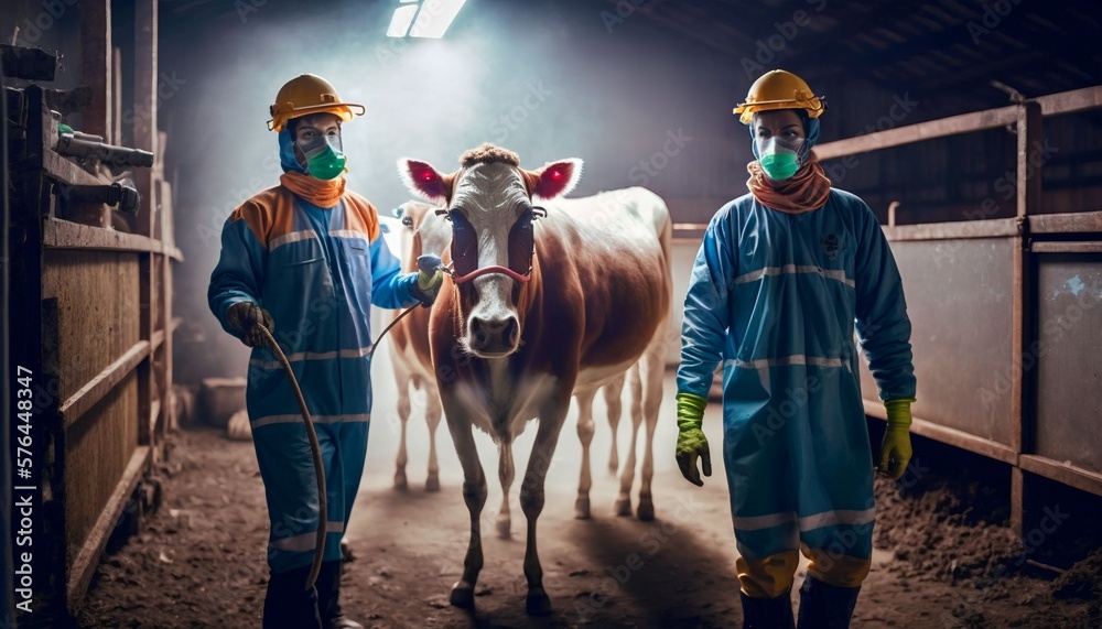 People wearing personal protective equipment or PPE with spraying ...