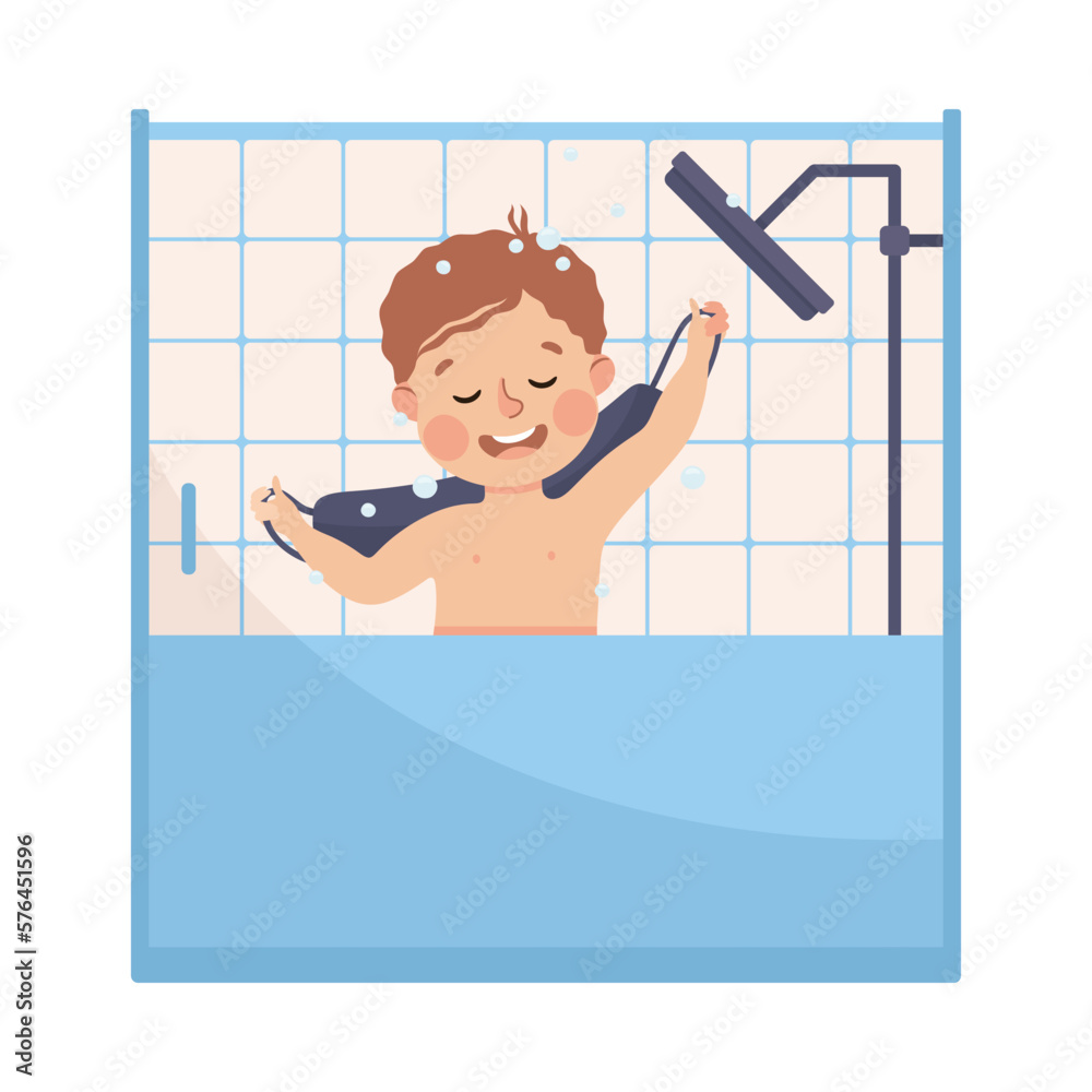 Cheerful little boy taking shower washing with washcloth. Happy kid ...