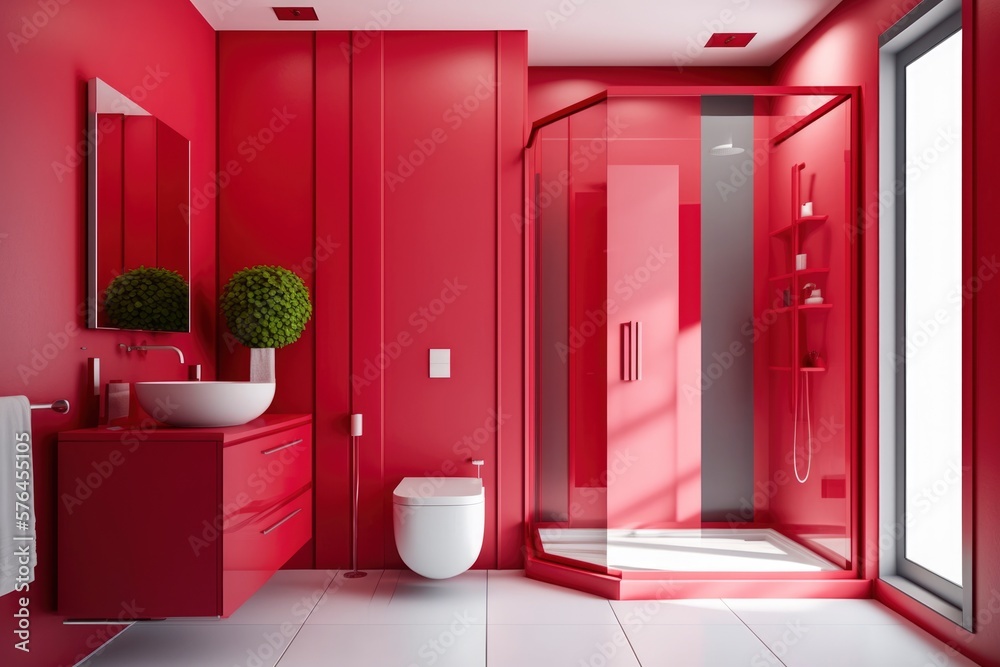 interior of a modern red bathroom shower cabin. bright sun light from ...