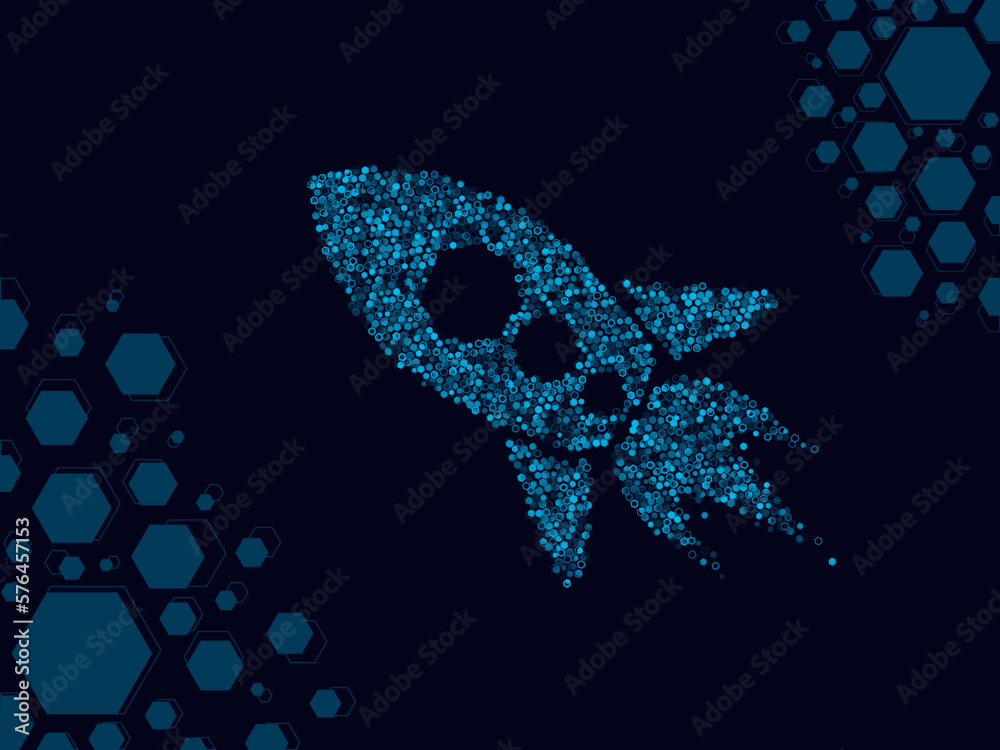 low poly vector rocket space ship flying up made from blue hexagons ...
