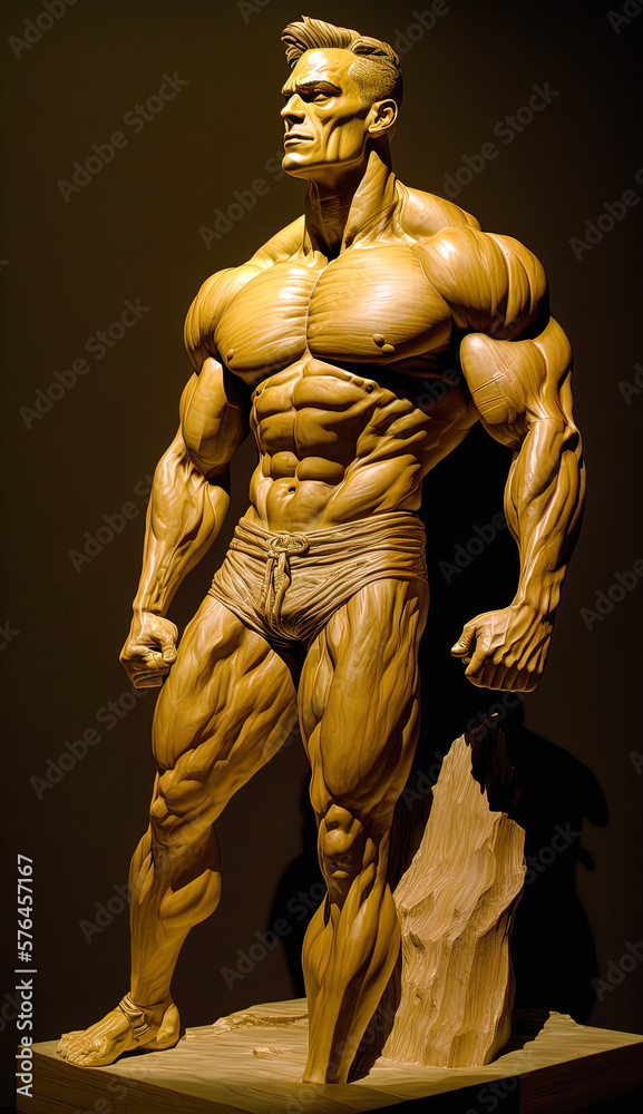 Statue of a bodybuilder carved from wood. Created with Generative AI ...