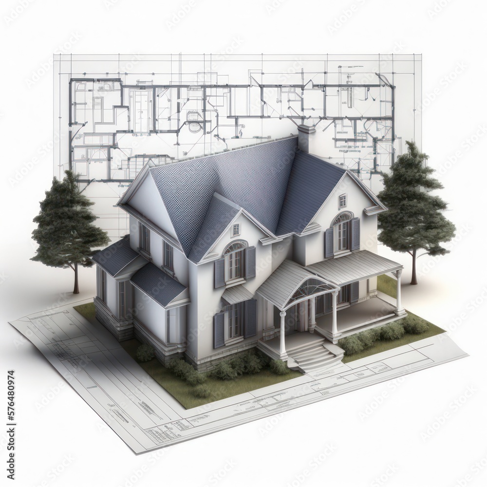 Blueprint draft of a single-family home overlaid with architectural ...