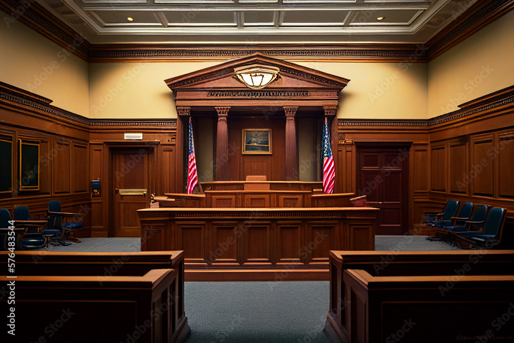 Court of the USA. Courtroom of United States. American flag in ...