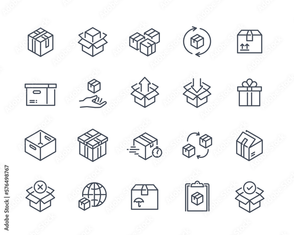Set of simple linear icons of boxes. Open and closed boxes, parcels and ...